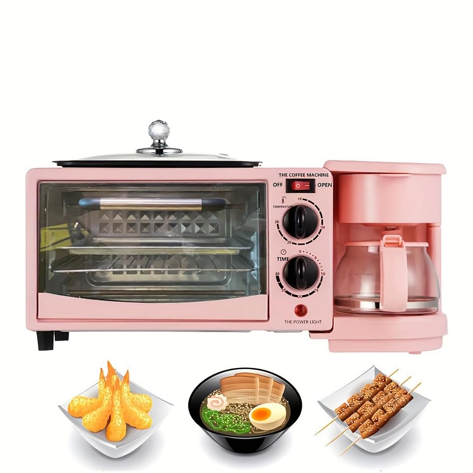3 In 1 Breakfast Station With Coffee Maker,9L Multifunctional Toaster Oven Combo, Includes Coffee Maker, Non-Stick Griddle, and 4-Slice Toaster Oven - Versatile Breakfast Maker With Timer (pink)