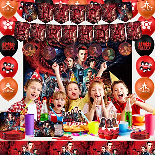 150PC Stranger Birthday Party Decorations - Stranger Party Favors for Birthday Includes Banner - Movie Backdrop - Invitation Cards - Cake Topper - Balloons -Tableware Package