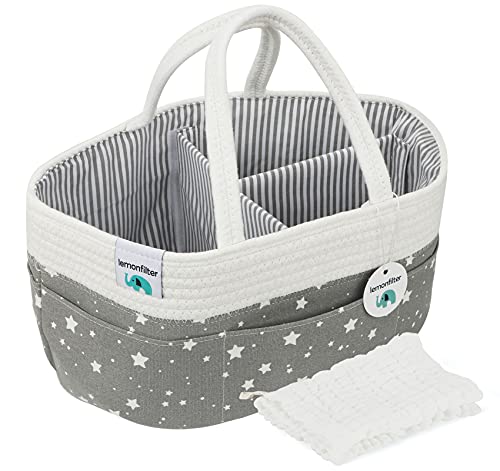 Lemonfilter Baby Diaper Caddy Organizer, Nursery Storage Bin Changing Table Organizer Basket with Muslin Burp Cloth (Star)