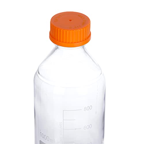 Pastein 4 Pieces 1000 mL Graduated Round Reagent Media/Storage Glass Bottle With GL45 Orange Polypropylene Screw Cap