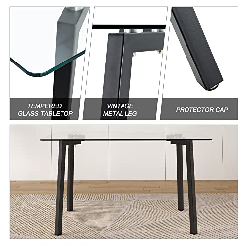 51" Glass Dining Table Set for 4, Small Rectangle Kitchen Room Table with 4 Brown Chairs, Modern Clear Tabletop with Black Metal Legs for Apartment Dining Room Kitchen Living Room