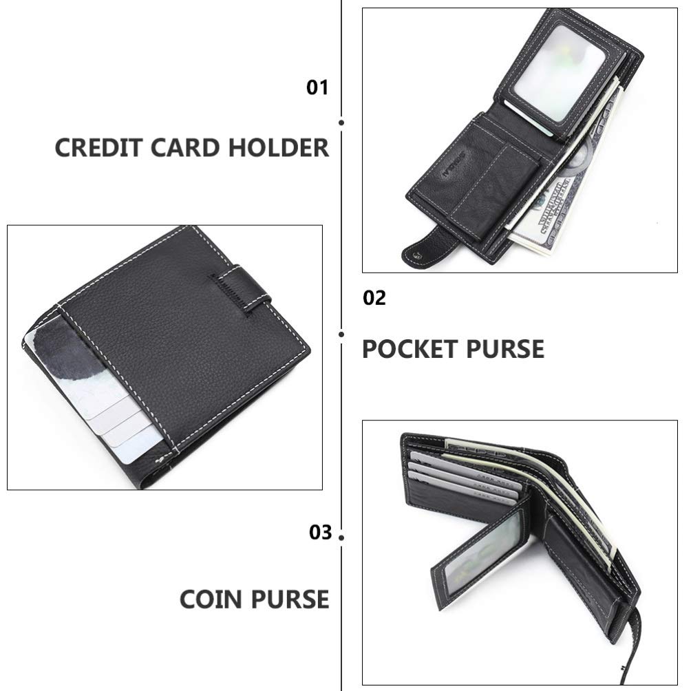 Amosfun Button Wallets for Men snap Wallet with Zipper Coin Pocket Mens Leather- Mens Wallet Buckle Stitching Wallet Coin- Purse Storage Bag (Black)