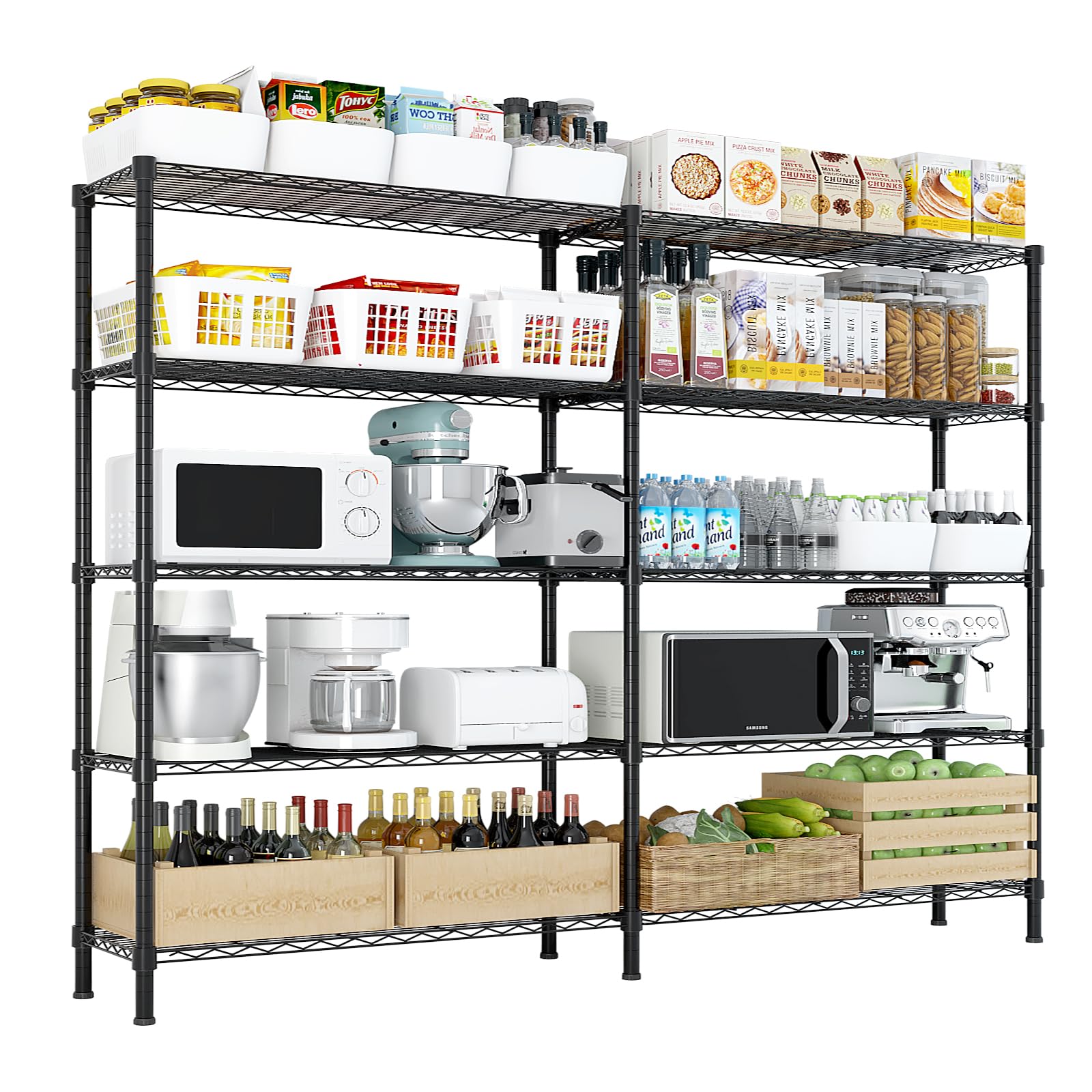 58 inch Wide Shelving Unit, 5 Tier Metal Rack, Pantry Storage Shelves Adjustable Wire Steel Shelving Unit for Heavy Duty Garage, Pantry, Kitchen Carbon Steel Storage Black