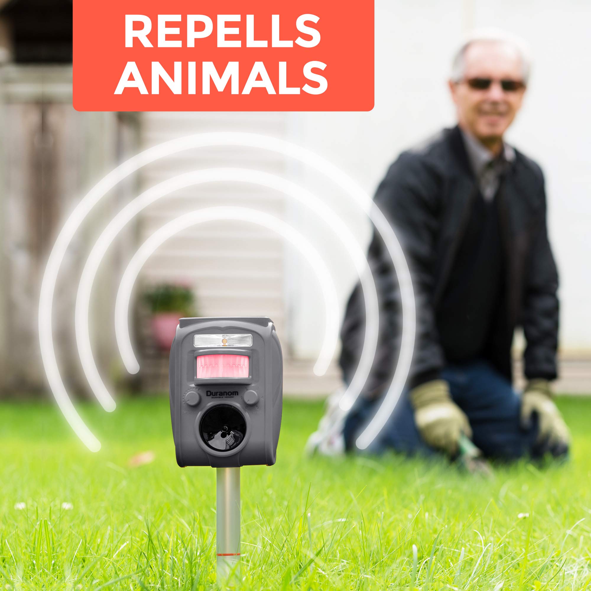 2024 DURANOM Ultrasonic Deer Repellent Outdoor - Upgraded Solar Powered and Motion Activated Strobe Flashing Light - Long Range Animal Repeller for Garden - Animal Deterrent System Blasts Animals Away