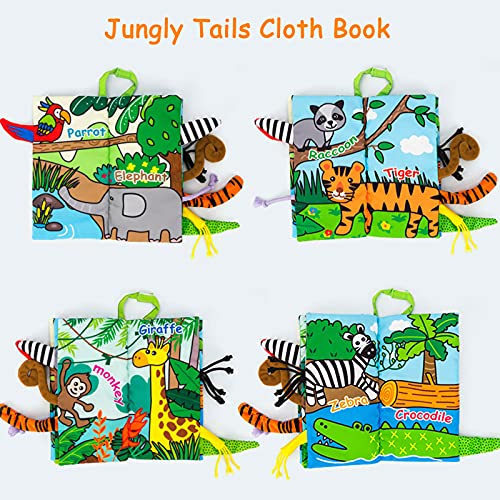 HECCEI Baby Cloth Books, Soft Toys Cloth Books, Touch and Feel Crinkle Books, Early Development Baby Stroller/Crib Hanging (Jungly Tails Cloth Book)