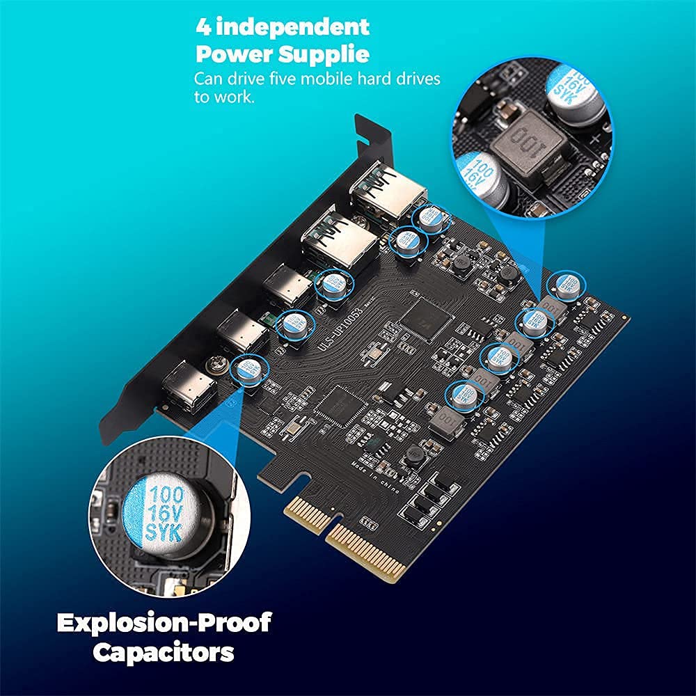 PCIe to USB 3.2/USB 3.1 Gen 2 Card 10Gbps 5-Port (3X USB C -2X USB A) PCI Express Expansion Card PC Internal USB Hub for Windows 10/8/7 Linux and MAC OS 10.8.2 Above