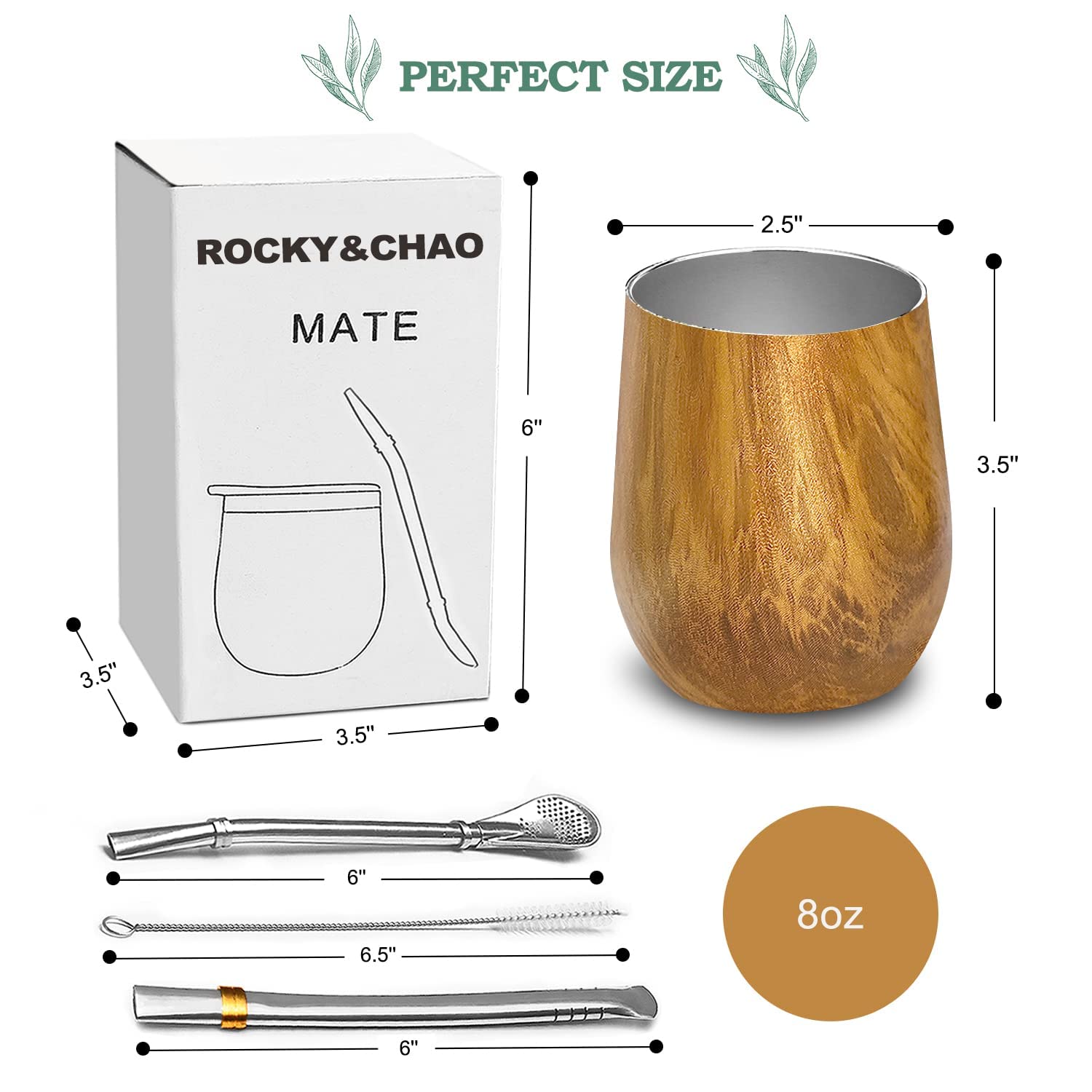 2 Pack 8 Ounces Modern Mate Cup Yerba Mate Tea Cup Set - Including Two Bombilla (Yerba Mate Straw), Lid & Cleaning Brush, Mate Cup for Drinking - Stainless Steel, Double-Wall (Black and Brown)