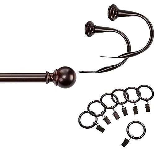 Amazon Basics 1" Curtain Rod with Round Finials, 72" to 144", Curtain Clip Ring (Set of 7), and Curtain Holdbacks (Set of 2), Espresso (Dark Bronze)