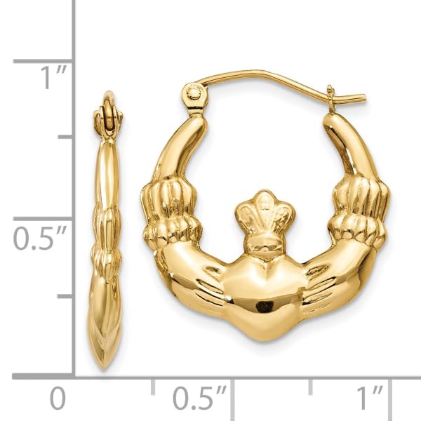 14K Yellow Gold Heart Love Irish Claddagh Celtic Hoop Earrings Jewelry