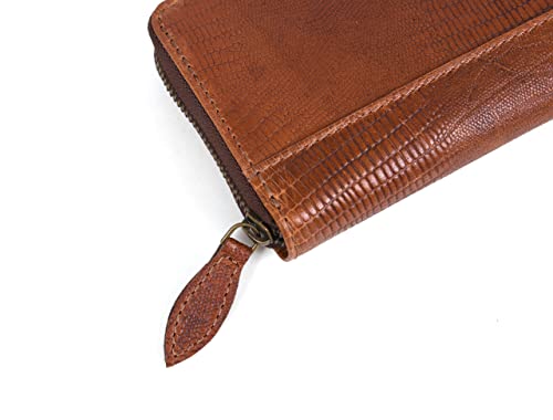 Aaron Leather Goods Women's RFID Blocking Large Capacity Leather Wallet Zip Around Phone Clutch Large Travel Purse Wristlet (Walnut)