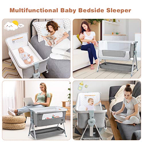 BABY JOY Bedside Bassinet, Portable Baby Crib w/Mattress, Two-Side Breathable Mesh, 7 Height Adjustable, Large Storage, Wheels for Easy Movement, Crib for Newborn Infant, Bassinet for Baby, Grey