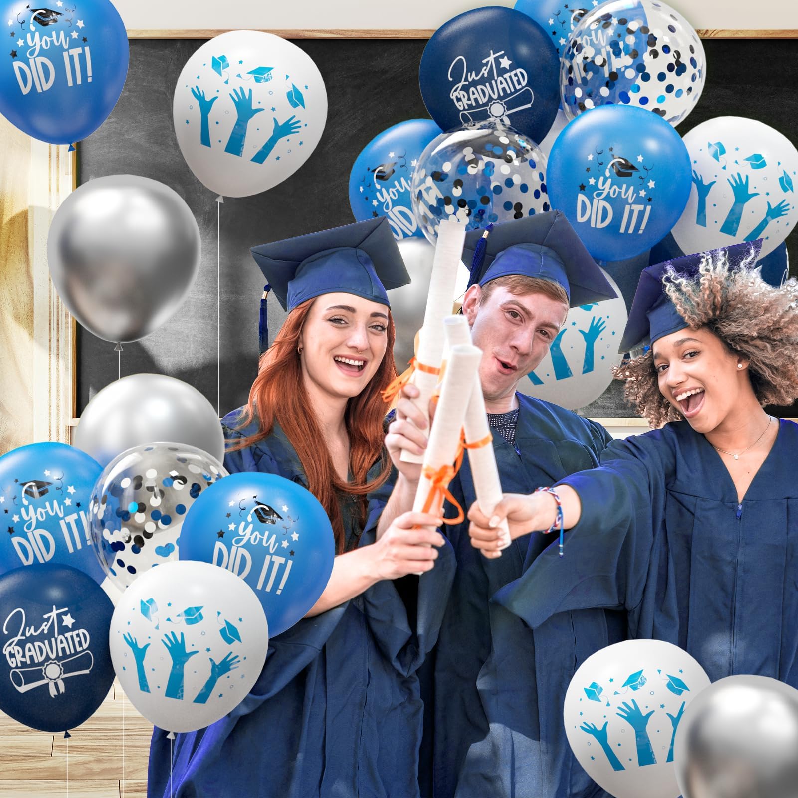 2024 graduation party decorations, 70pcs graduation balloons blue and white graduation decorations for college high school class of 2024 congrats grad party decor