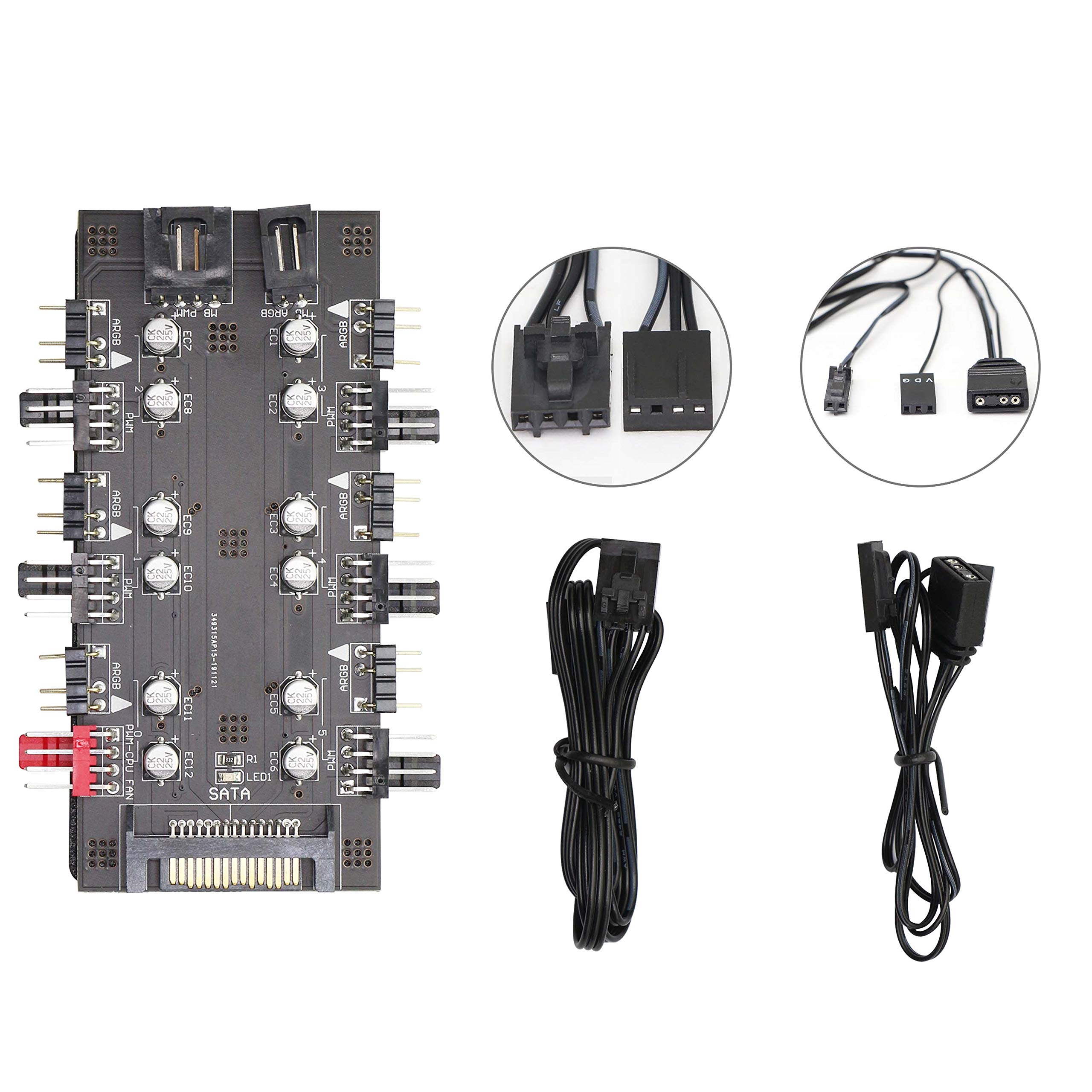 12V 4Pin PWM & 5V 3Pin ARGB with SATA 15Pin Power 2-in-1 Hub 6 Way Sync CPU Cooling Fan Addressable RGB Lighting PCB Splitter for Extended Motherboard Interface -Black Compatible With Desktop