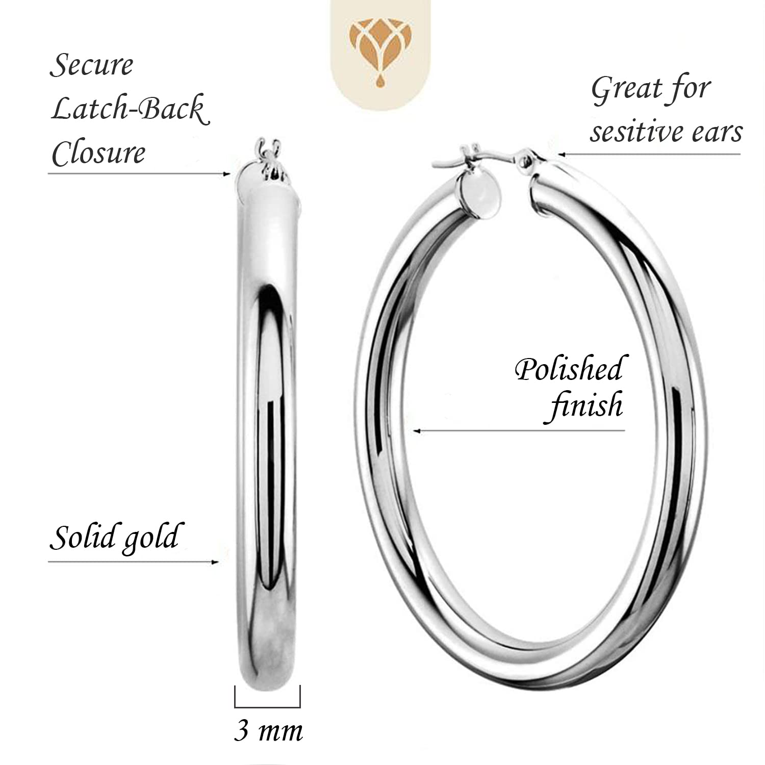 14k REAL Yellow Gold 40MMx3.00MM Thickness Classic Polished Round Tube Hoop Earrings with Snap Post Closure For Women