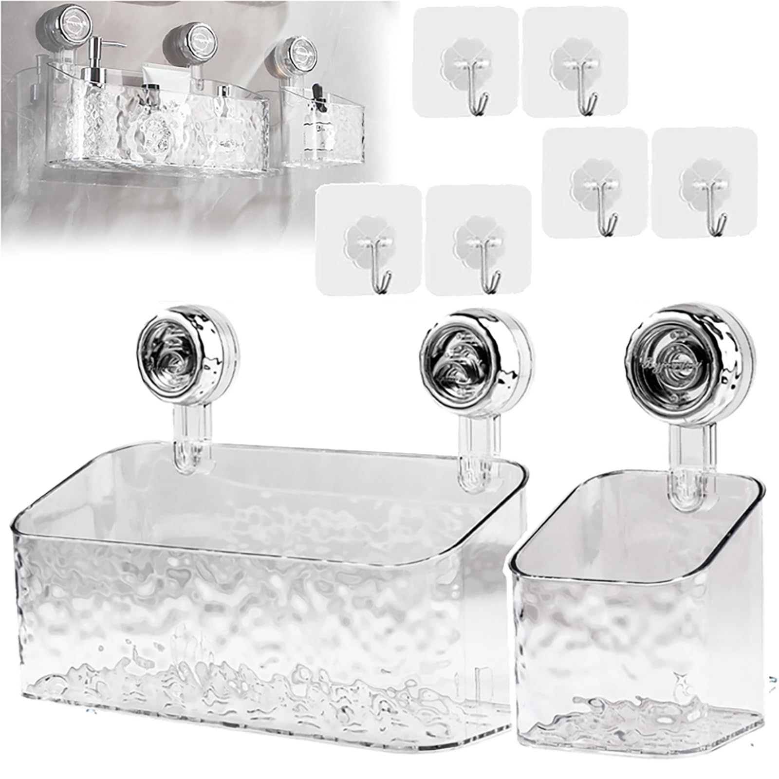 2024 Suction Shower Caddy, Light Luxury Style Glacier Pattern Suction Cup Shelf Multifunctional Bathroom Shower Basket Wall Mounted Organizer Shelf Removable Shower Basket for Home (Small+Large)