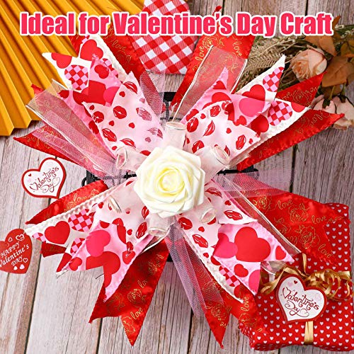 Valentine Wired Edge Ribbon, Hearts Patterned Ribbon, Heart Pattern Ribbon for Wrapping Wreath Flowers Bows, 2.5 Inch x 20 Yards in All (Light-Color Style)