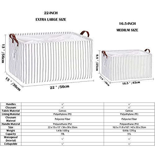 Hinwo 70L Extra Large Capacity Storage Basket Canvas Storage Bin Collapsible Storage Box with PU Leather Handles and Drawstring Closure, 22 by 15 inches, Waterproof Inner Layer, Grey Vertical Stripe