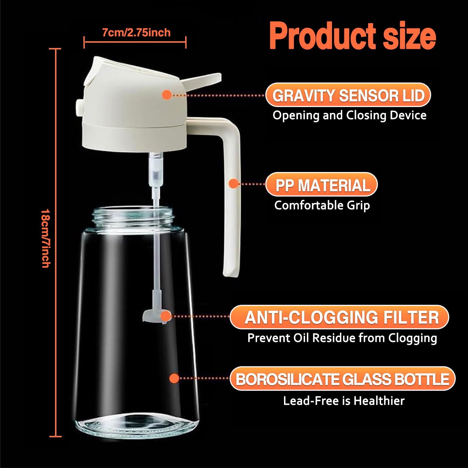 16oz Oil Dispenser Bottle - 2 in 1 Olive Oil Dispenser Bottle for Kitchen, 470ml Olive Oil Bottle,it's perfect for cooking, salads, and BBQs (Black, 1PCS)