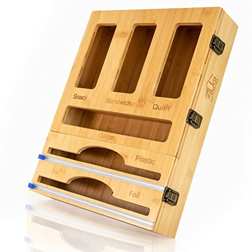 4UKIT Ziplock Bag Storage Organizer Bamboo 6 in 1- Plastic Wrap and Foil (12,4" Roll) Dispenser with Cutter-Suitable for Snack, Gallon, Quart & Sandwich Bag- Kitchen,Pantry,Cabinet,Drawer Organizer
