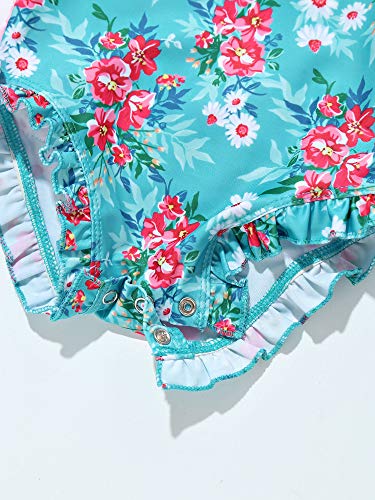 MSemis Infant Baby Girls Floral Printed Ruffled Back Rash Guard UPF 50+ Swimwear Swimsuit Bathing Suit Blue 18-24 Months