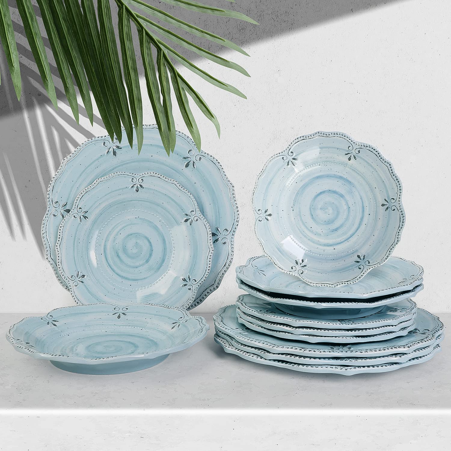 12 Piece Melamine Dinnerware Sets Service for 4 - Includes 4 Dinner Plates 4 Salad Plates and 4 Bowls Made of A5 Melamine Use at Home & Outdoor Dining, Picnic, Camping and Rvs - Swirls Design