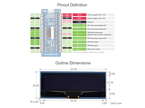 Waveshare 2.23inch OLED Display Module for Raspberry Pi Pico 128×32 Pixels SPI/I2C Interface Embedded SSD1305 Driver