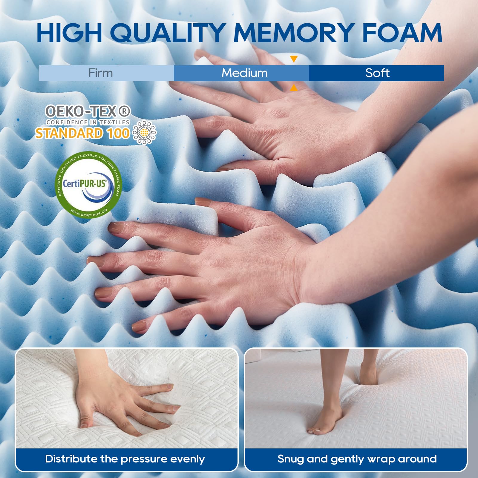3 Inch 7-Zone Memory Foam Mattress Topper King with Removable Cover, Cooling Gel-Infused Swirl Egg Crate Memory Foam, Standard 100 by Oeko-TEX Certified, Blue