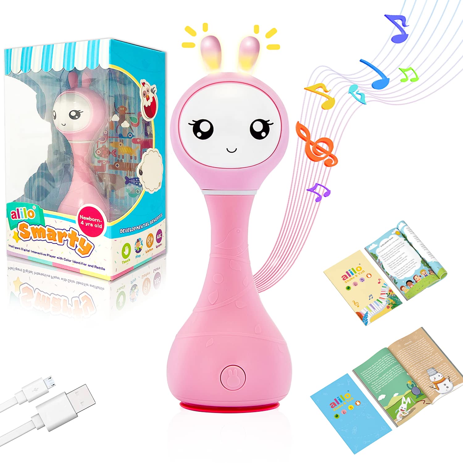 Alilo Baby Rattle Toy with Book,Early Education Learning Toys,Electronic Rattle with Music Light and Funny Sounds,Christmas Birthday Gifts Toys for 6-12 Months Newborn Boys Girls Toddlers Kids(Pink)