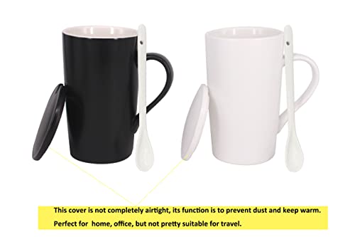 BPFY 16oz Set of 2 Ceramic Coffee Mug with Lid and Spoon, Milk Cup Classic Mug Drinking Cups for Tea, Coffee, Cocoa, Black and White Marriage or Couples (16oz)