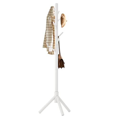 Aibiju Coat Rack Stand, Standing White Coat Rack with 8 Hooks and 3 Height Options, Small Hall Tree Coat Rack, Coat Tree Freestanding Suitable for Kids, Easy to Assemble White YD-1005