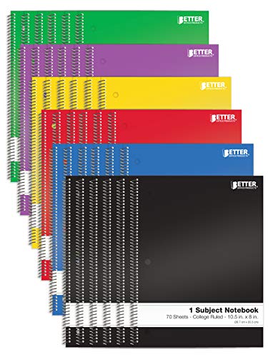 Better Office Products Spiral Notebooks 1-Subject, 24 Pack, College Rule, 70 Sheet, 8 x 10.5 inches, 6 Assorted Primary Colors, 24 Pack