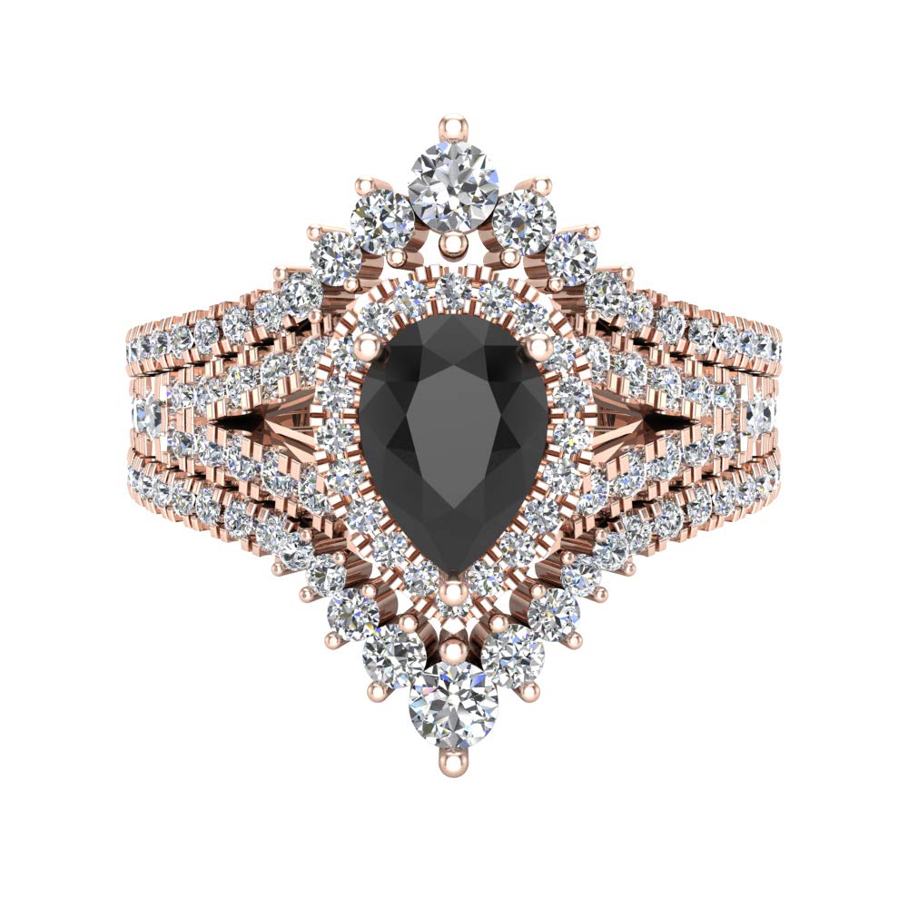 14K Rose Gold Wedding Ring Set Enhancer Look Bands Solitaire Pear Black Diamond (I,I1) (Ring Size 7.5)