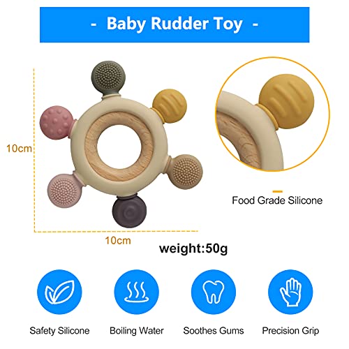 Arudyo Baby Teething Toys Silicone Teethers BPA Free Silicone Rudder with Wooden Ring Soothe Babies Gums (Khaki)