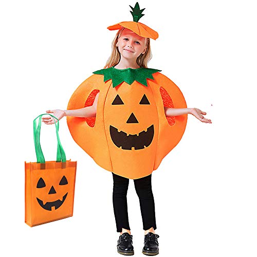 Halloween Kids Pumpkin Costume, 3 PCS Pumpkin Cosplay Set For Boys Girls Included Pumpkin Tote Bag（9.8 x 11.8 inch)