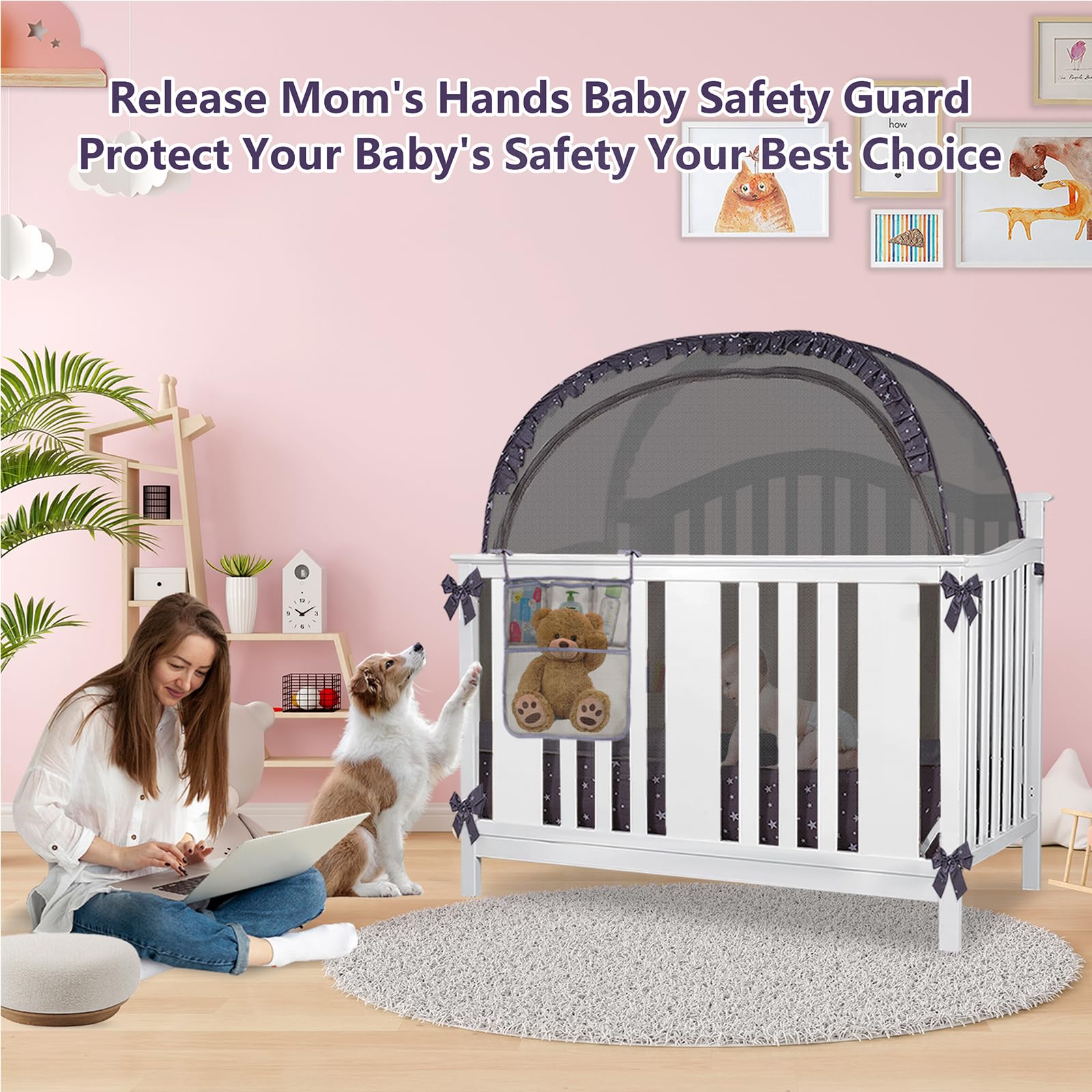 ZXPLO Baby Safety Crib Tent Infant Pop up Mosquito Net Nursery Bed Canopy Netting Cover - Keep Baby from Climbing Out with Hanging Diaper Storage Bag (Dark Gray)