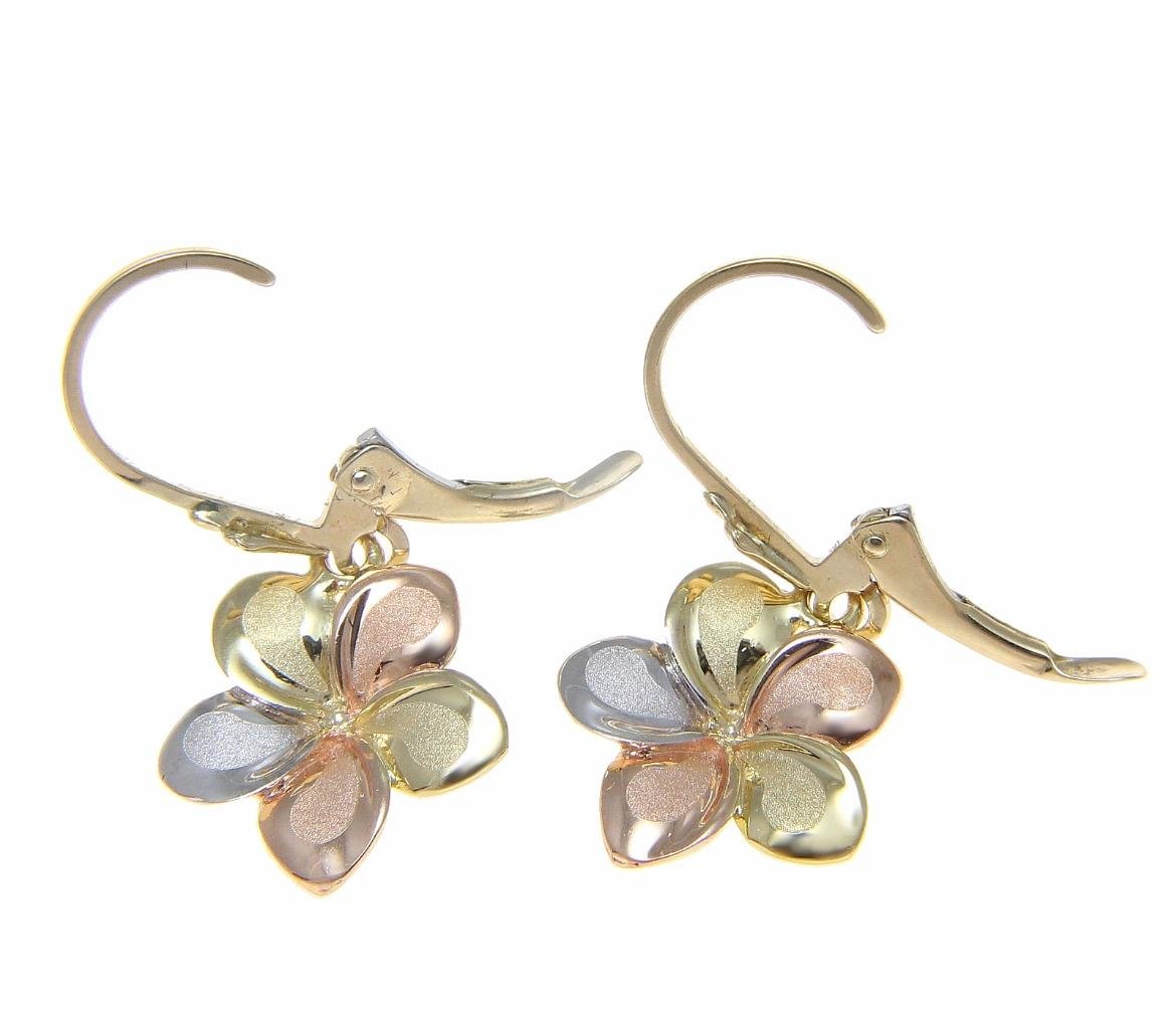 14K solid gold tricolor Hawaiian 13mm plumeria flower leverback earrings