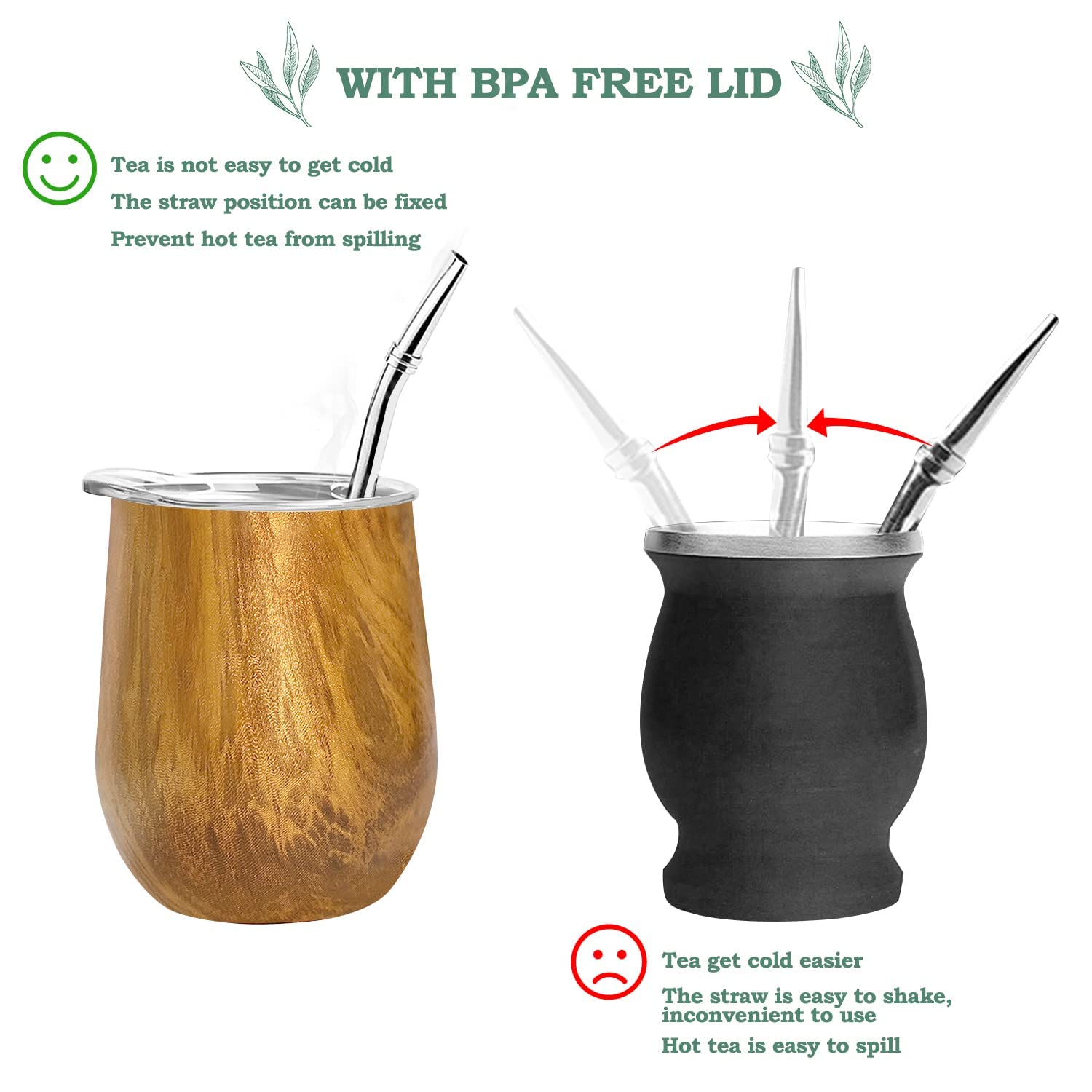 2 Pack 8 Ounces Modern Mate Cup Yerba Mate Tea Cup Set - Including Two Bombilla (Yerba Mate Straw), Lid & Cleaning Brush, Mate Cup for Drinking - Stainless Steel, Double-Wall (Black and Brown)