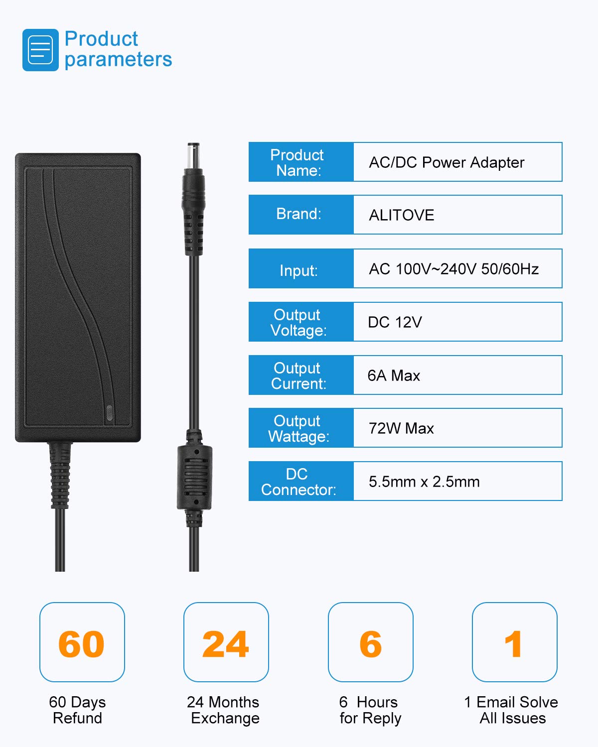 ALITOVE 12V Power Supply 6A 72W AC to DC Adapter 100~240V AC to DC 12 Volt 6 Amp Converter 12 vdc 6A 5.8A 5.5A 5.2A Transformer 5.5mmx 2.5mm 2.1mm Plug for LED Strip Light CCTV Camera DC Pump Fan