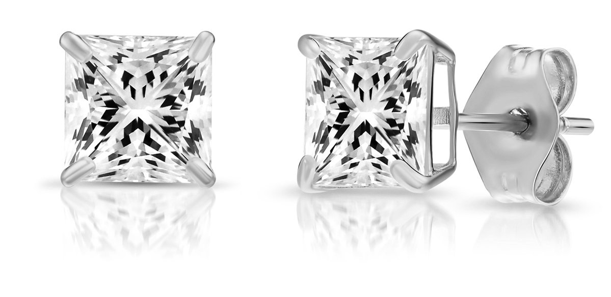 14k Solid Gold PRINCESS Stud Earrings Square Cubic Zirconia Princess-cut CZ Unisex Studs, 14kt White Gold (5mm)