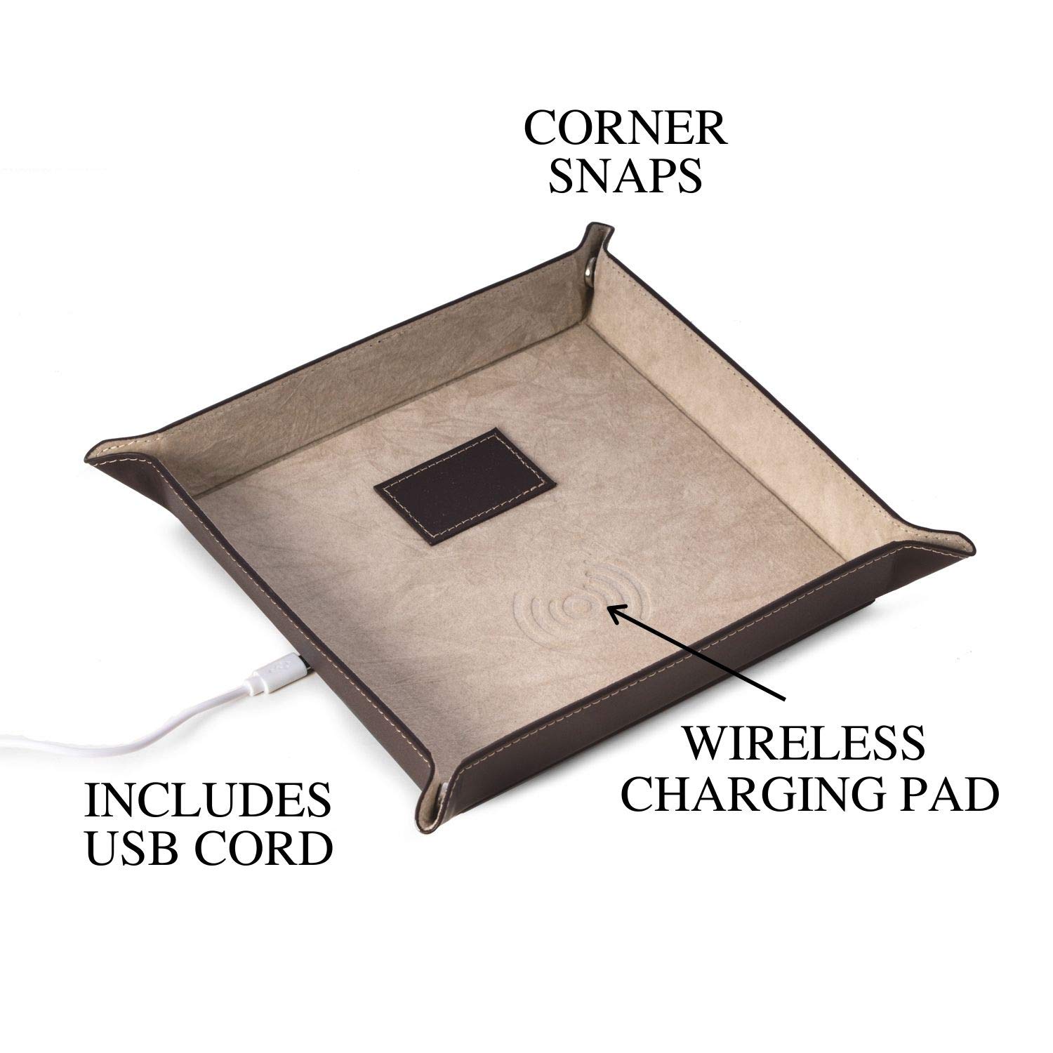 Bey-Berk Custom Personalized leather valet tray with wireless charger (Brown)