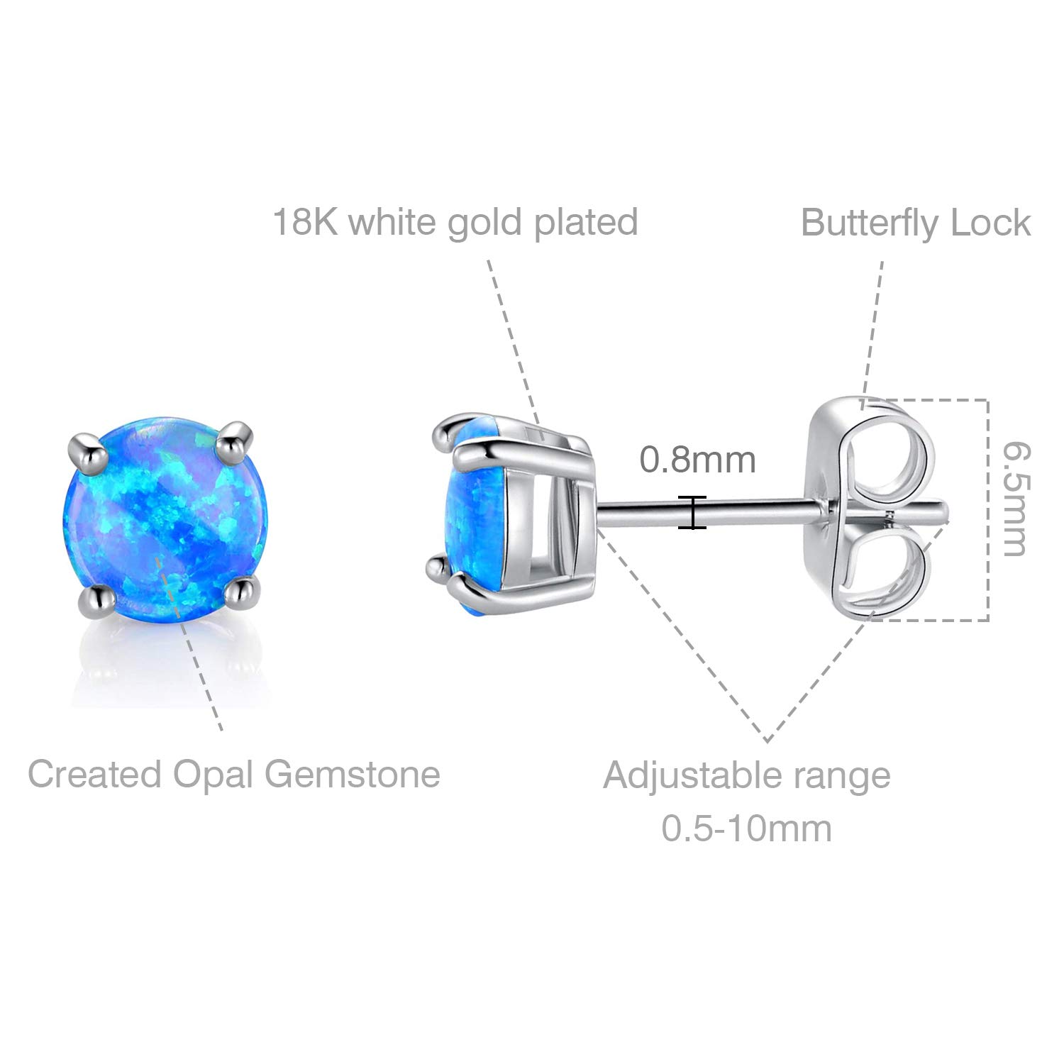 18K White Gold Plated With Created Green Opal 6mm Round Stud Earrings