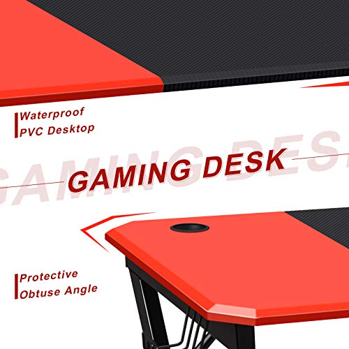 POWERSTONE Gaming Desk - Computer Desk 47" with Cup Holder Audio Stands Headphone Hook and 2 Cable Management Holes Large Gamer Workstation for Kids Adults, Z-Shaped, Red