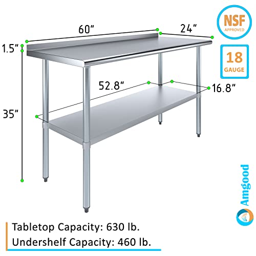 AmGood 60" Long x 24" Deep Stainless Steel Work Table with 1.5" Backsplash | Metal Kitchen Food Prep Table | NSF