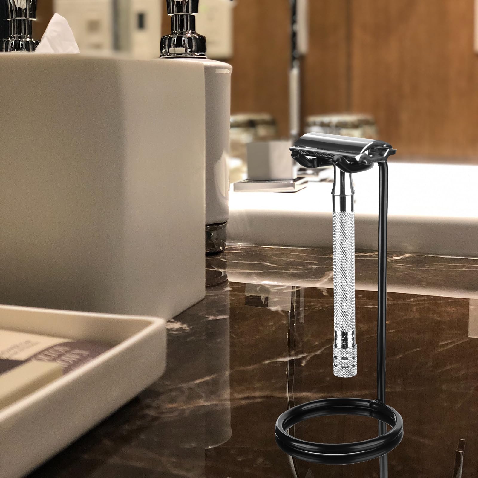 Linkidea Stainless Steel Safety Razor Stand, Men's Travel Shaving Razor Holder Compatible with Long Handle Safety Razor, Fusion 5 Proshield (Black)