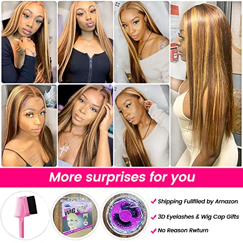 Manhoter Highlight Ombre Lace Front Wigs Human Hair Pre Plucked 18 Inch