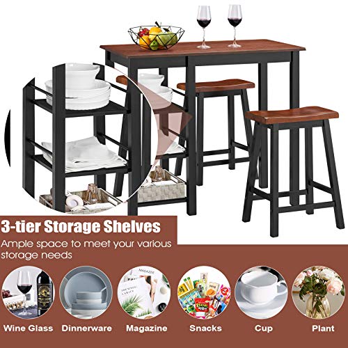 Giantex 3 Piece Dining Set, Entirely Wood Counter Height Table Set with 2 Chair and 3-Tier Storage Shelves, Small Kitchen Table Set with Rubber Wood Frame, Breakfast Table for Small Space, Apartment