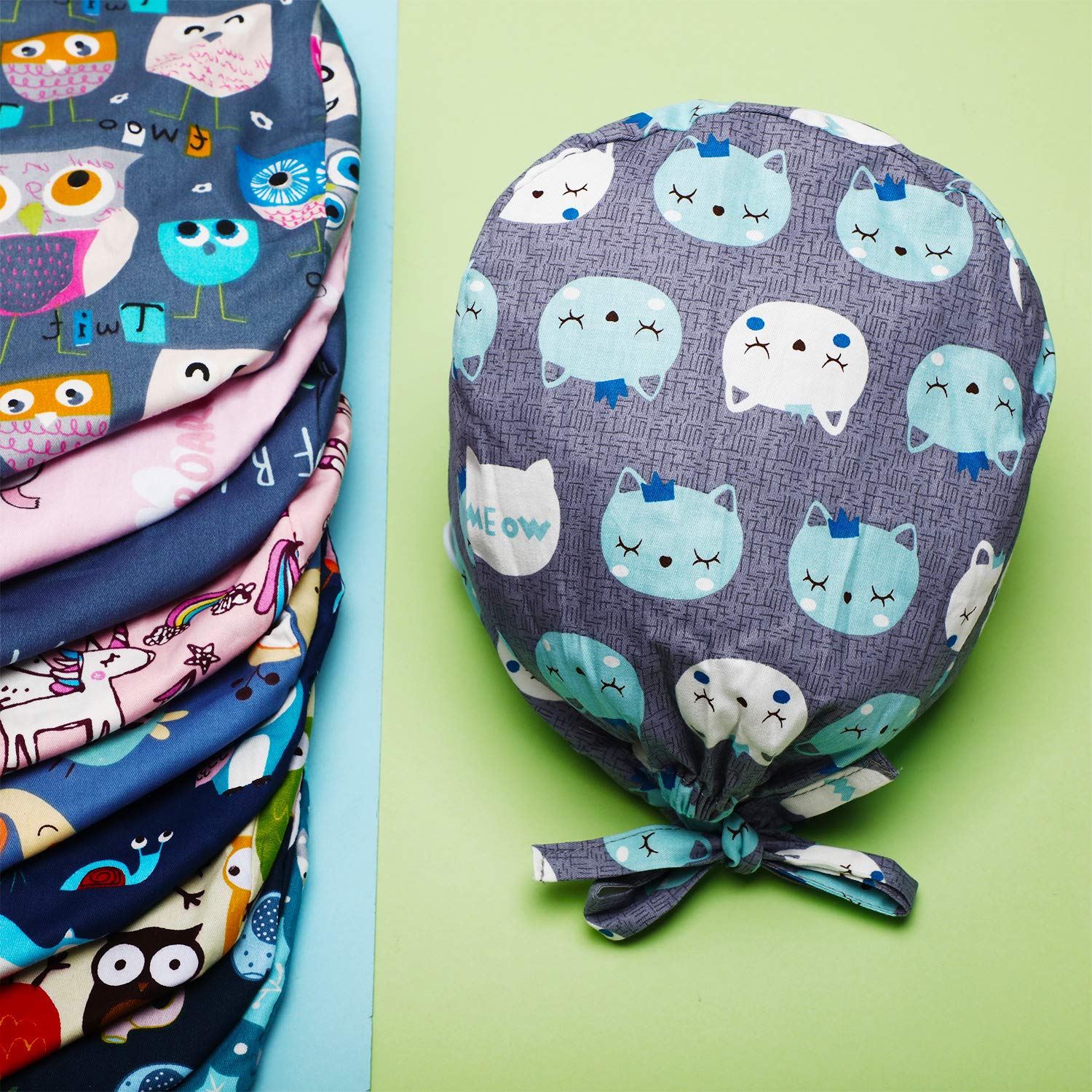 12 Pieces Bouffant Caps with Buttons Adjustable Sweatband Head Hair Covers Unisex Tie Back Hats (Assorted Cartoon and Floral Patterns)