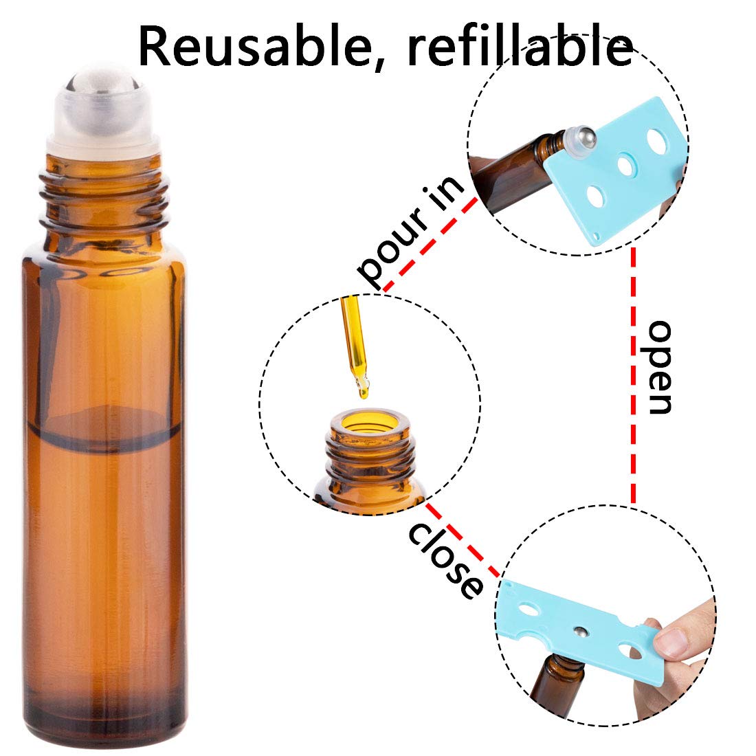 ZIZEMOJA 6Pcs 10ml Essential Oil Roller Bottles, with Stainless Steel Roller Balls, 10ml Amber Glass Roll on Bottles for Essential Oils, 1 Extra Roller Ball, 6 Labels, 1 Openers, 2 Droppers Included