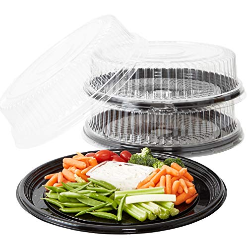 Heavy Duty, Recyclable 16 in. Serving Tray and Lid 3pk. Large, Black Plastic Party Platters with Clear Lids. Elegant Round Banquet or Catering Trays for Serving Appetizers, Sandwich and Veggie Plates
