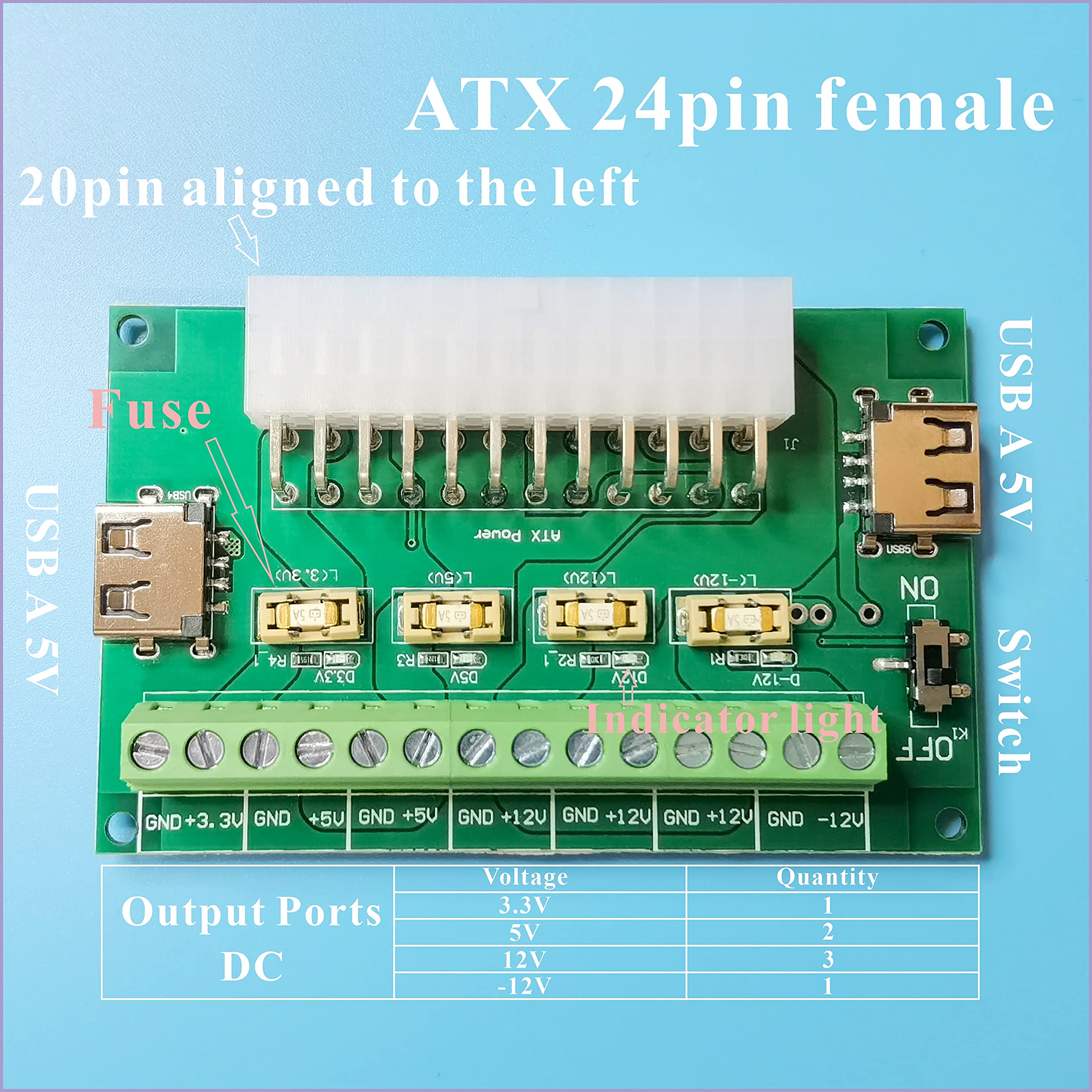 PSU Breakout Board ATX Power Supply DC 12V 5V 3.3V Splitter Module Desktop Adapter to USB A Hub Connector Computer Power Source Multi Port Output DIY Parent Child Electronic Kit with High Current Fuse